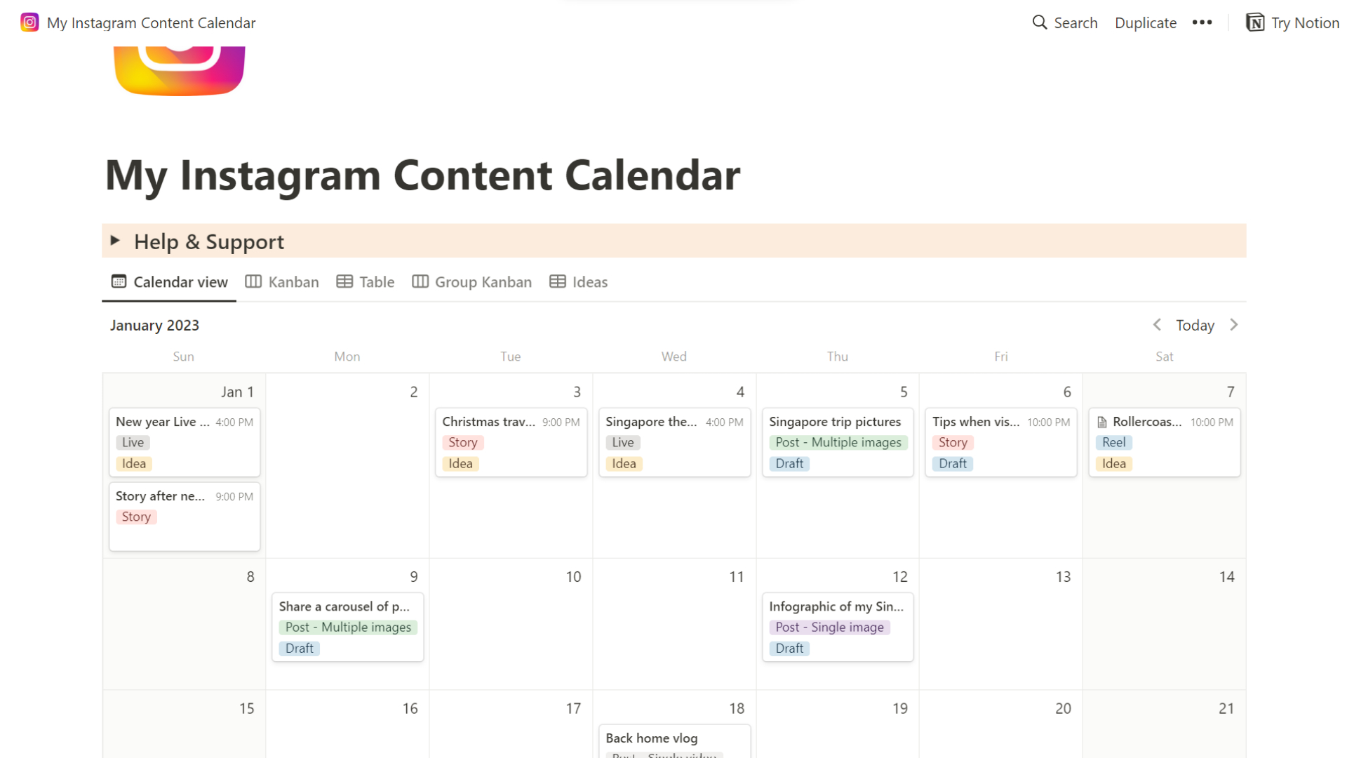 Free Instagram Content Calendar Template Powered by Notion