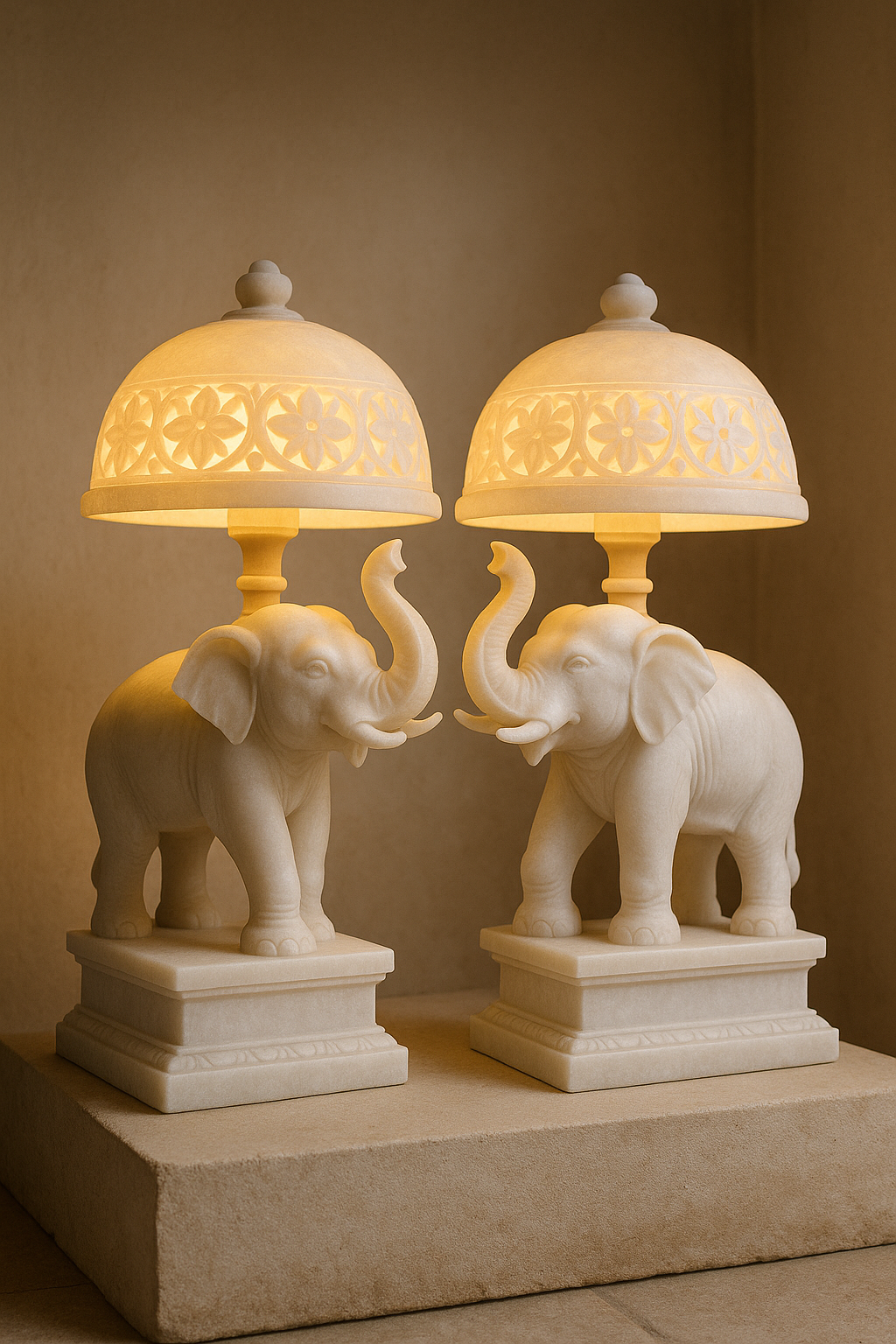 Natural White Marble Elephant Lamps – Dome Jali Pair 18in